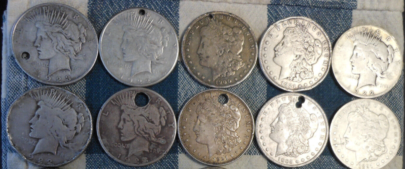 LOT OF 10 MORGAN & PEACE 90% JUNK SILVER DOLLARS DAMAGED POOR UGLY ...