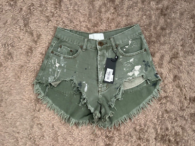 NWT One Teaspoon Green Khaki 100% Cotton Distressed Denim Shorts Size ...