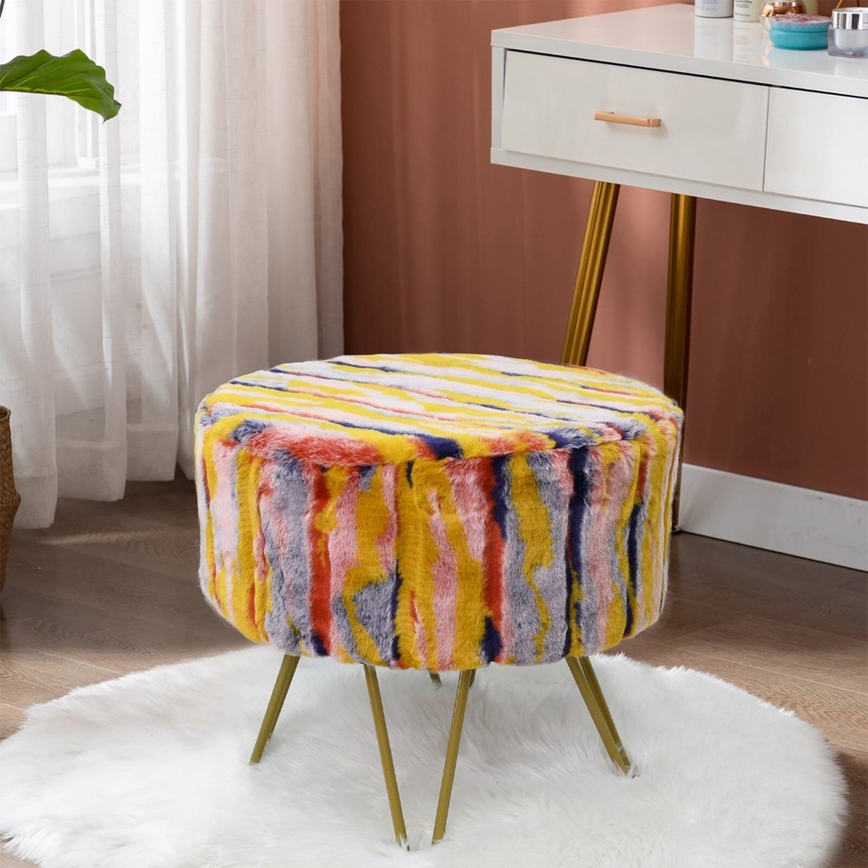 Luxury Plush Multi Jacquard Faux Fur Ottoman Round Foot Rest Stool for ...