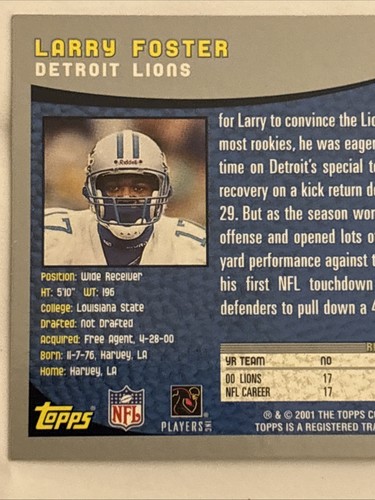 Larry Foster 2001 Topps #69 Football West Jefferson Buccaneers LSU Detroit Lions | eBay