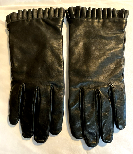 Women's Black Soft Leather Gloves w/ Ruffle Cashmere Lined Size Large ...