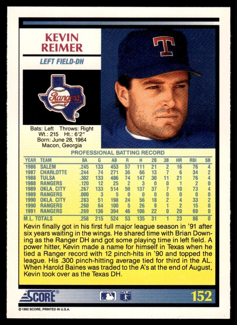 1992 Score Baseball Card Kevin Reimer Texas Rangers #152 | eBay