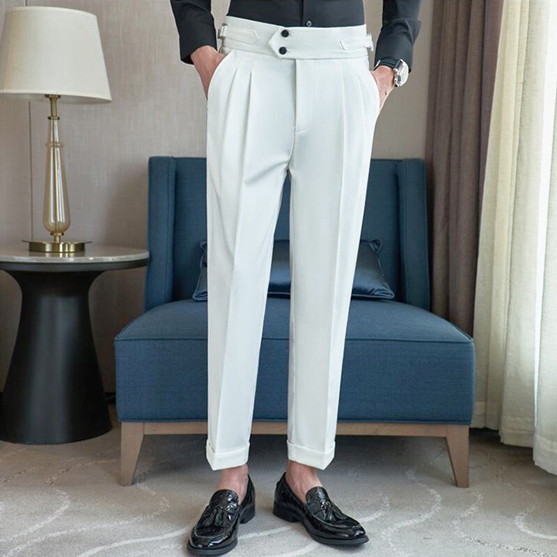 Men High Waist Pleated Pants Straight Leg Roll Up Capri Trousers ...