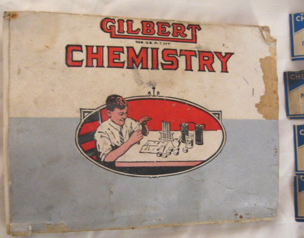Vtg. 1936 A.C. Gilbert Chemistry Set pieces, Book, Rare wood containers ...