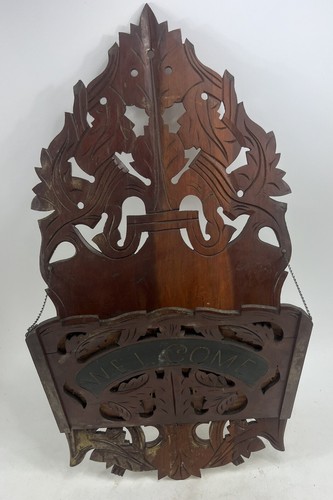 Victorian Walnut Antique Wall Pocket Hanging Magazine Rack Welcome ...