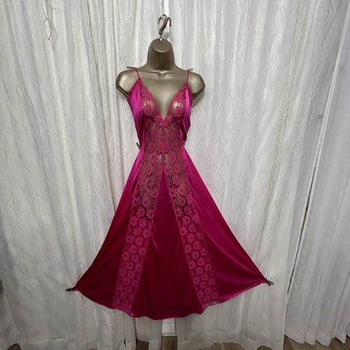 VTG L XL Deep Pink Val Mode Nightgown Nylon Silky Lace Shiny Negligee ...