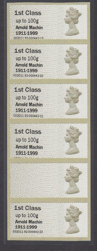 GB 2011 POST & GO MACHIN ARNOLD MACHIN 1911-1999 ERROR STRIP x 7 1st ...