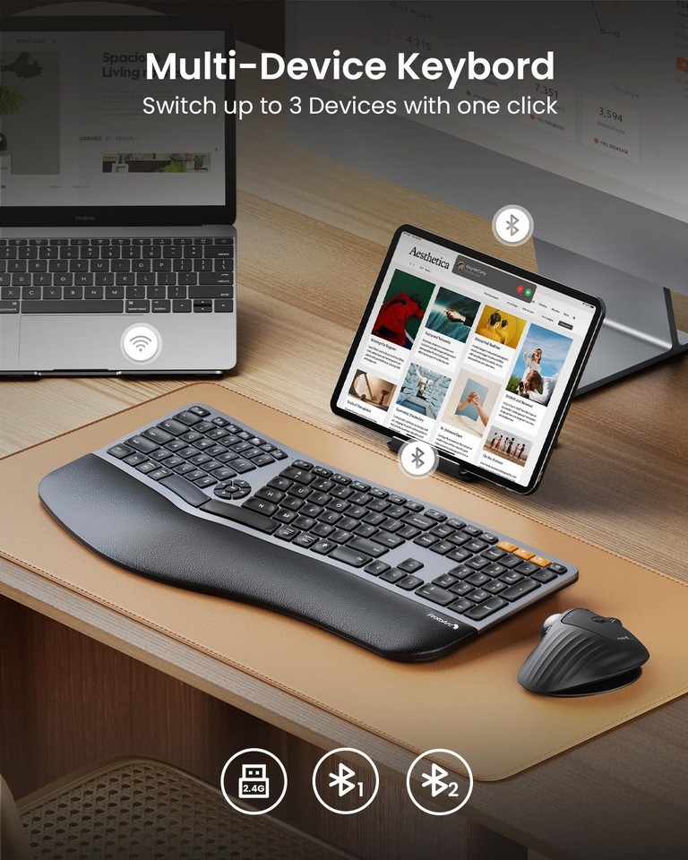 Backlit Bluetooth Ergonomic Keyboard, EK01 Plus Full Size Wireless ...