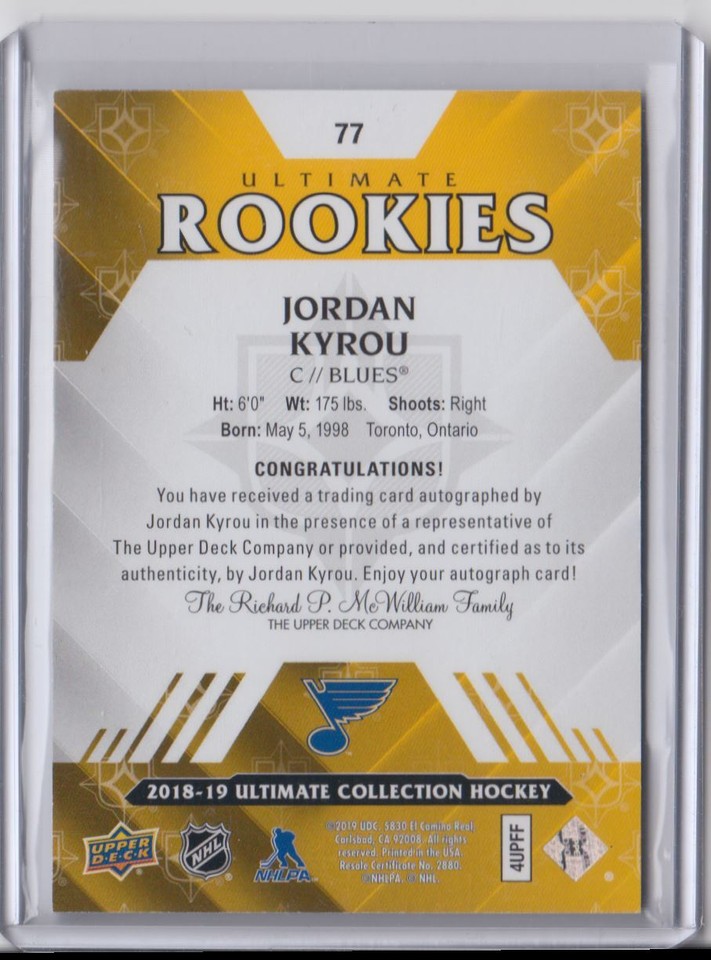 2018-19 Upper Deck Ultimate Collection Rookie Autograph Jordan Kyrou RC ...
