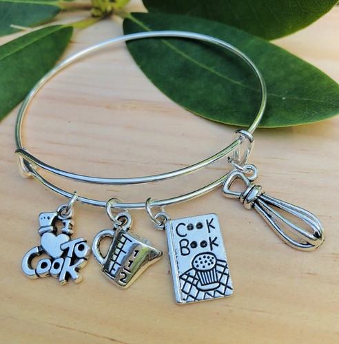 Love To Cook~Bake~Chef~Charms Silver charm Expandable Bangle Bracelet ...