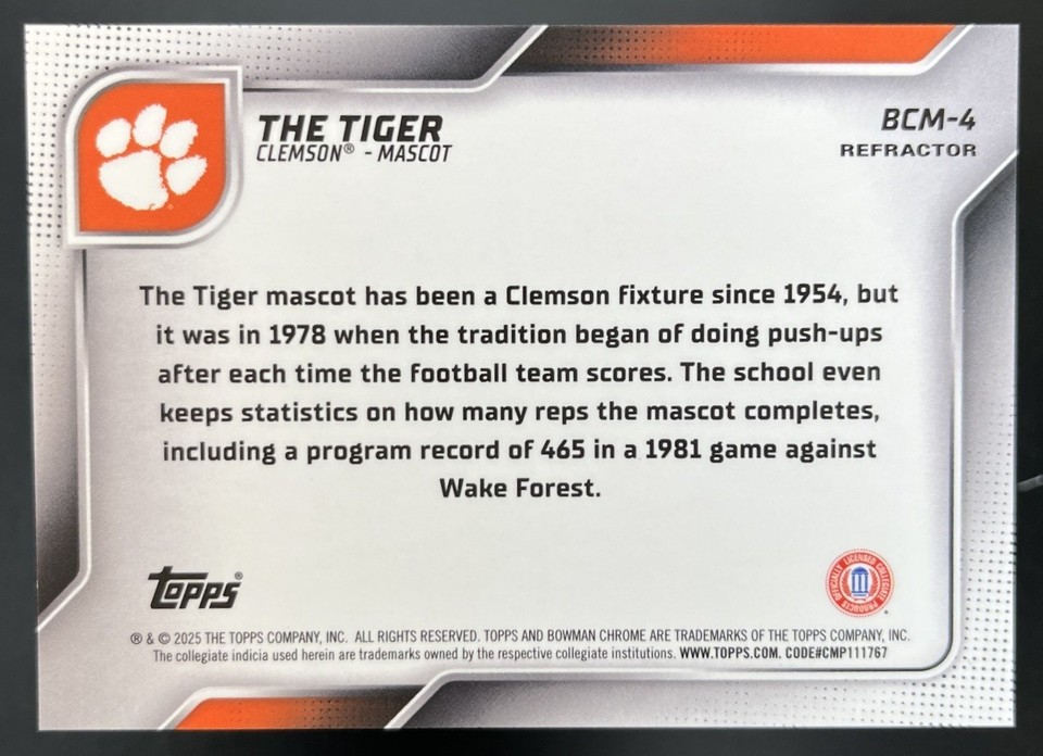 2025 Bowman Chrome U Clemson The Tiger Mascot Refractor SP SSP #BCM-4 ...