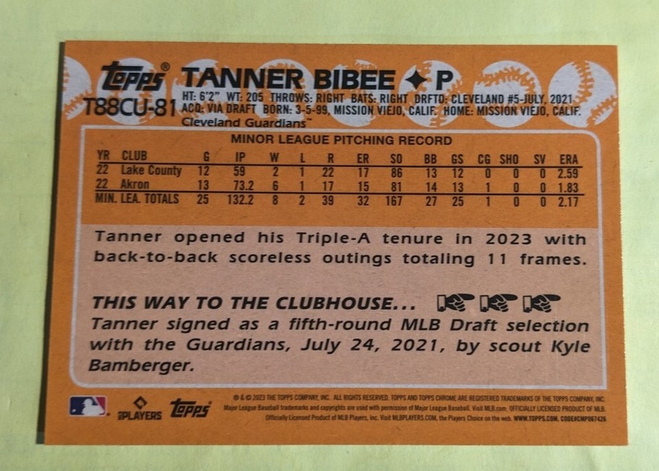 2023 Topps Update TANNER BIBEE Guardians rc Chrome 1988 Silver Mojo ...