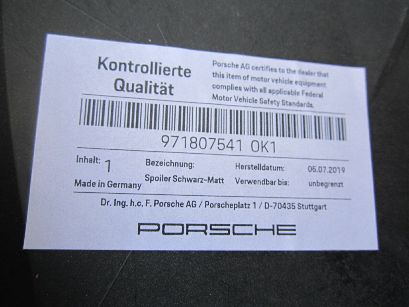 2016-2018 Porsche Panamera 971 Front Bumper in Black Genuine 971807541 ...