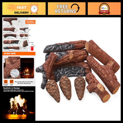 Realistic Ceramic Gas Fireplace Logs Set - 10 Piece Artificial Firewood ...