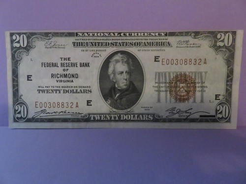 1929 "Crisp" Twenty Dollar Bill $20 National Currency, Richmond Va ...