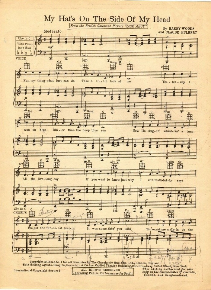 MY HAT'S ON THE SIDE OF MY HEAD Music Sheet-1933-JACK AHOY-FRANK ...