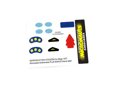 REPRODUCTION STICKERS for 1977 Mego Micronauts Andromeda + NAME LABEL ...