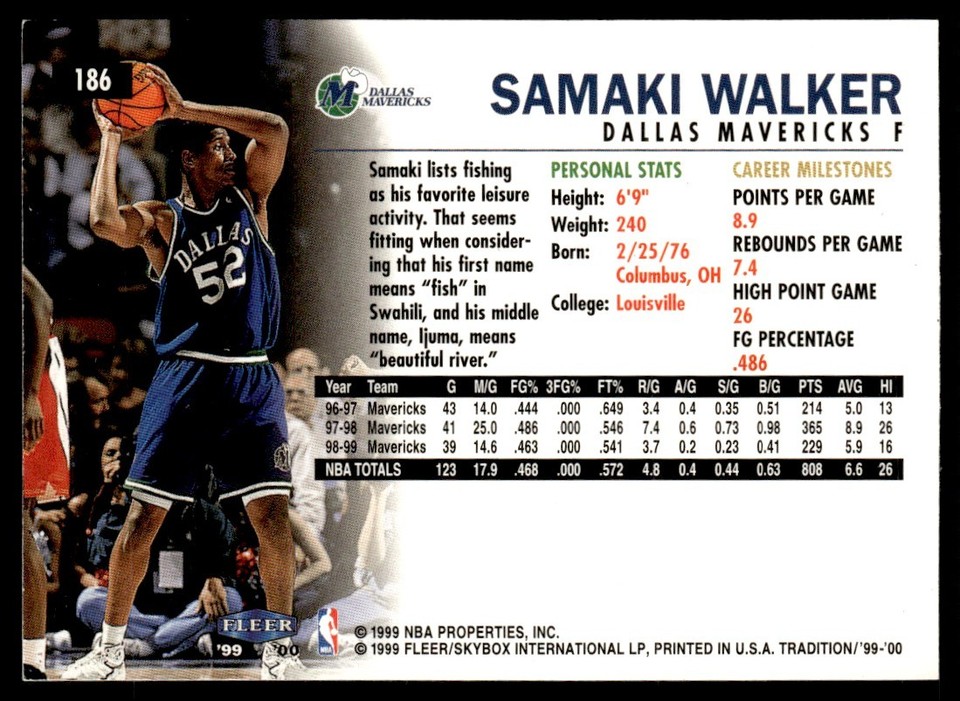 1999-00 Fleer Tradition Samaki Walker Dallas Mavericks #186 | eBay
