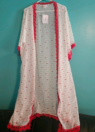Lularoe Chloe Bohemian Overlay Sheer White Kimono/Red Hearts/Lace Trim ...