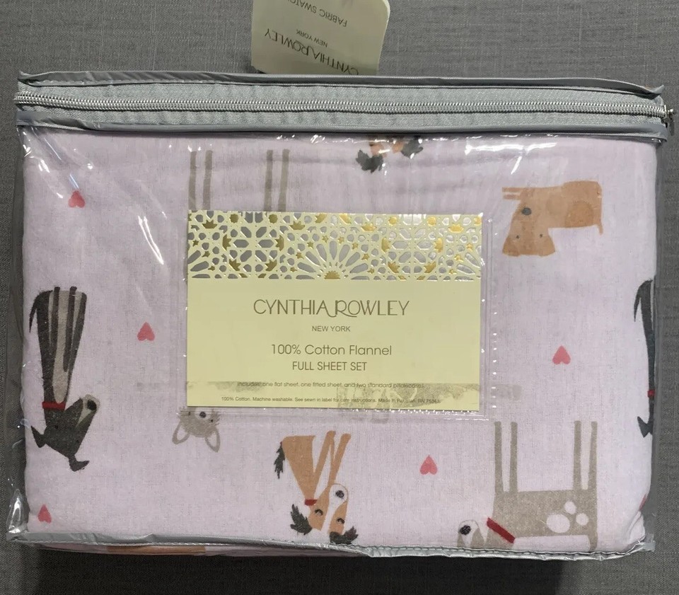 Cynthia Rowley 100% Cotton Flannel FULL Sheet Set Dogs Hearts Puppy ...