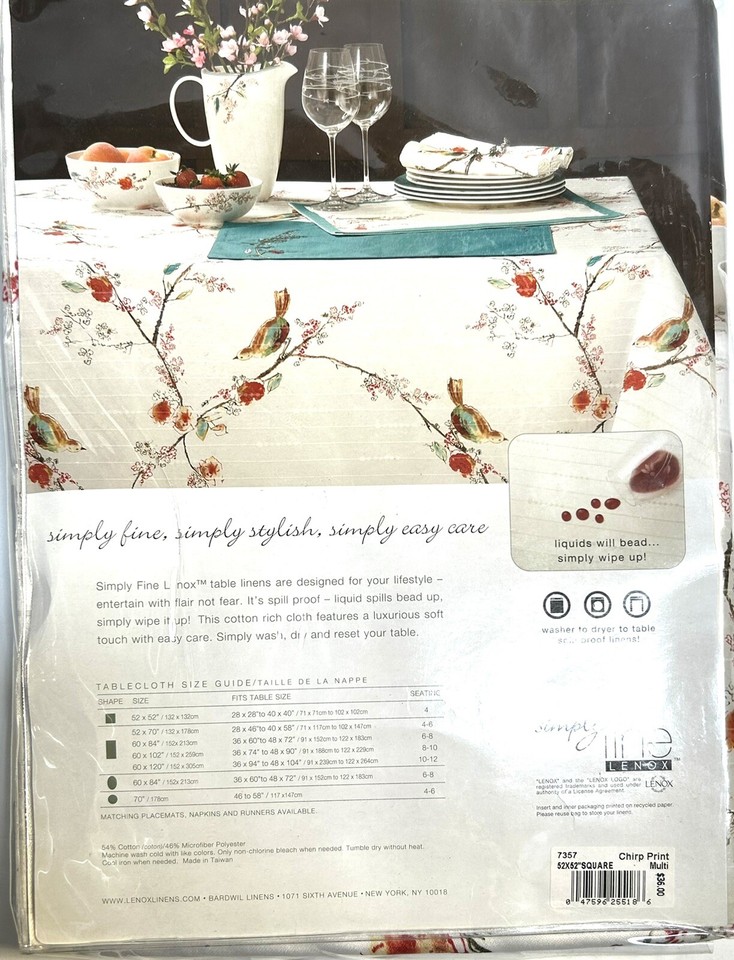 Brand New Lenox Simply Fine Chirp Birds Tablecloth 52x52 Inches Square ...