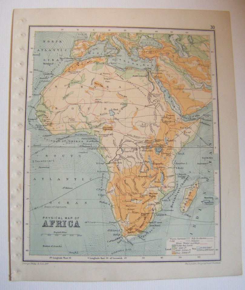 Antique Africa Physical Map c1897 | eBay UK