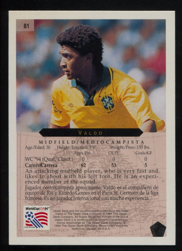 Valdo Brazil Upper Deck World Cup USA 1994 #81 | eBay