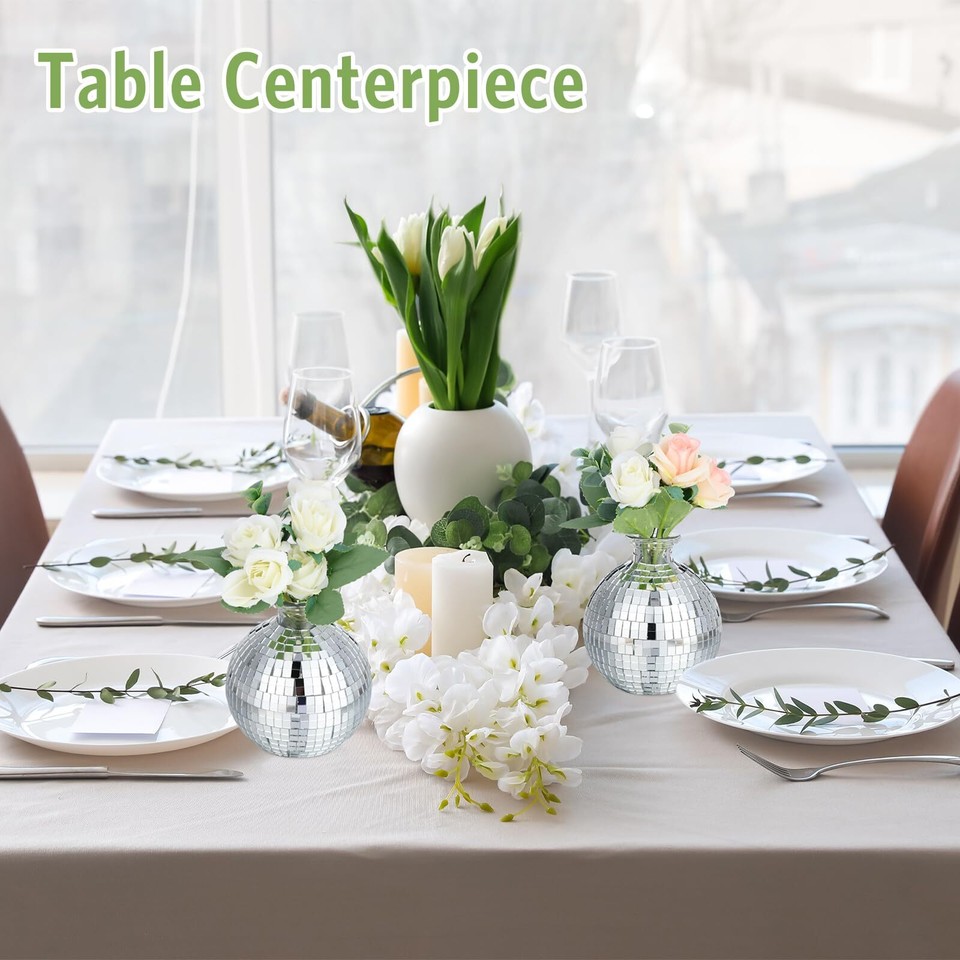 Disco Ball Vase for Flowers 4 Inch Small Glass Planter Silver Mirror ...