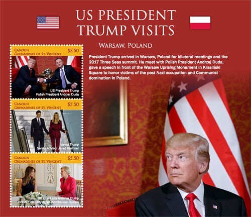Canouan 2018 - Donald Trump Visits Poland - Sheet of 3 stamps - MNH | eBay