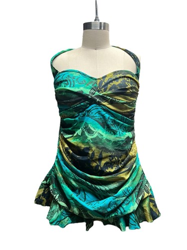 Avenue Halter Tankini w/ Bottoms Green Teal Tropical Ruched Gathered ...