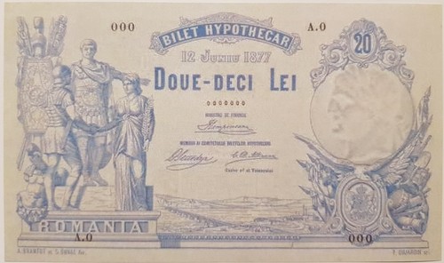 20 LEI 1877 HYPOTHECARY NOTE ROMANIA, 3 signatures, reproduction - copy ...