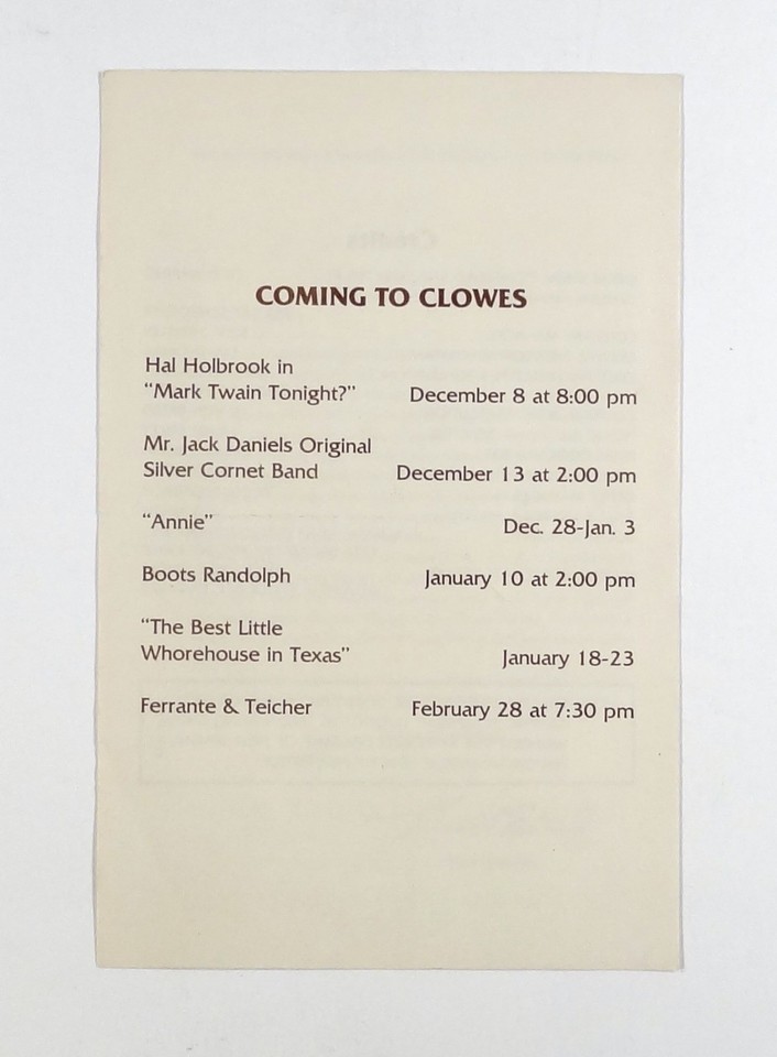 1981 playbill FRED WARING "Hello Again" at CLOWES HALL Butler ...