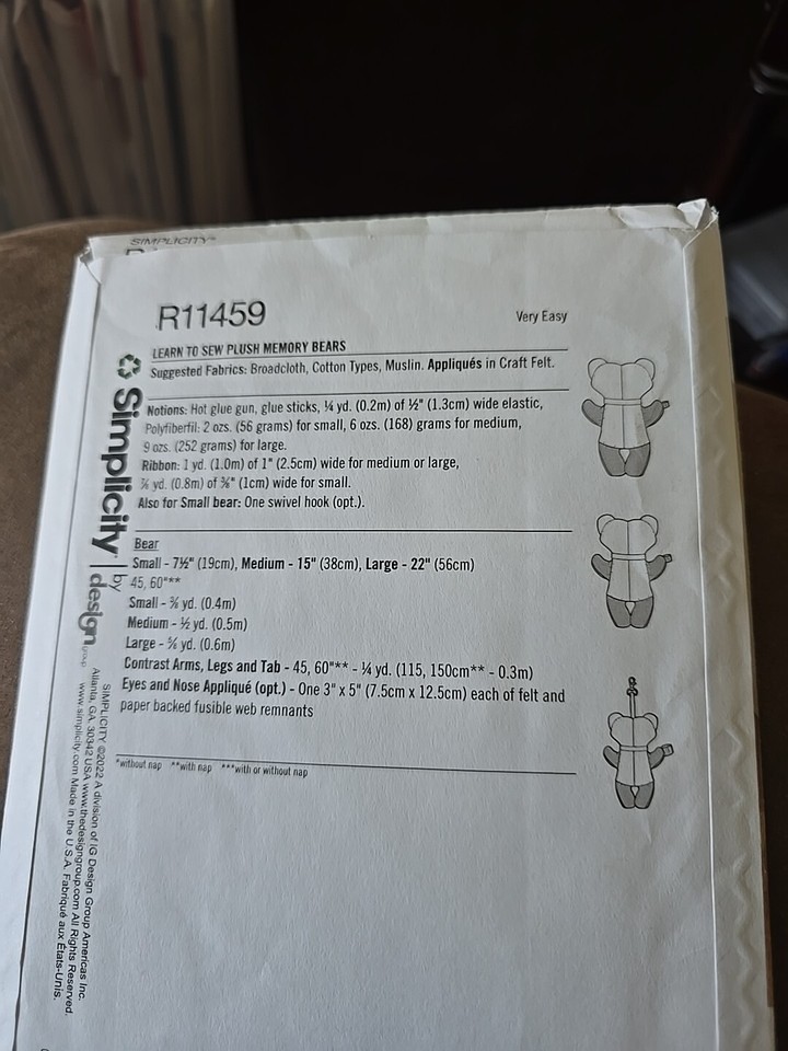 Simplicity R11459/9569 Learn To Sew Plush Memory Bear Sewing Pattern 7 ...