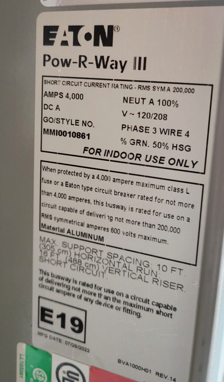 New Eaton POW-R-WAY III, 4000 Amps, PH 3, 4 Wire Busway | eBay