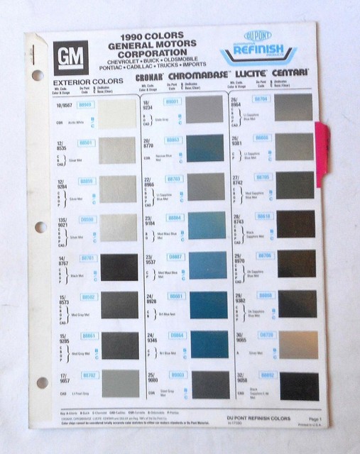 1990 BUICK CADILLAC CHEVROLET OLDS PONTIAC DUPONT COLOR PAINT CHIP ...