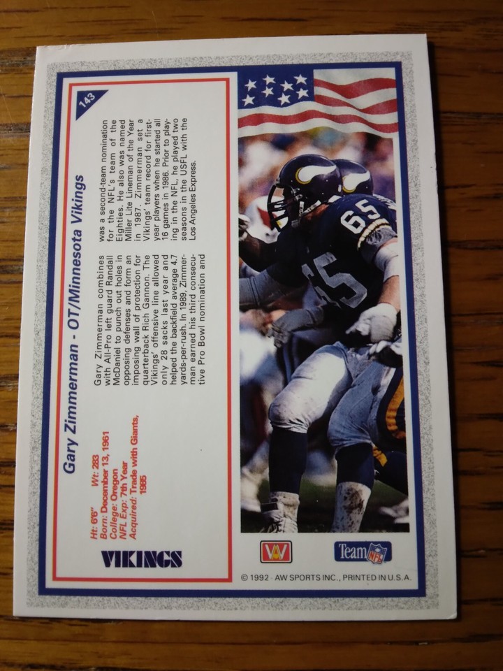 1992 AW Sports Inc football cards, #143 Gary Zimmerman, #61 Sean Jones ...