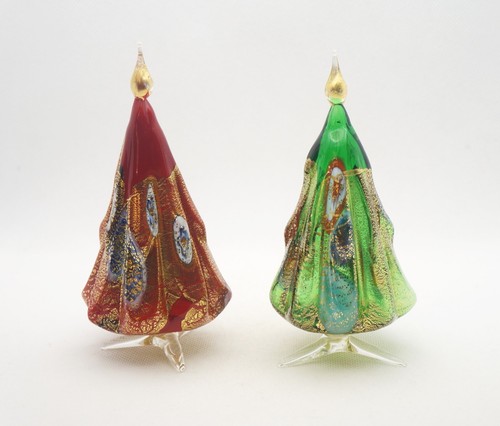 New Set of 2 Murano Millefiori Christmas Tree w Gold Figurine Italian ...