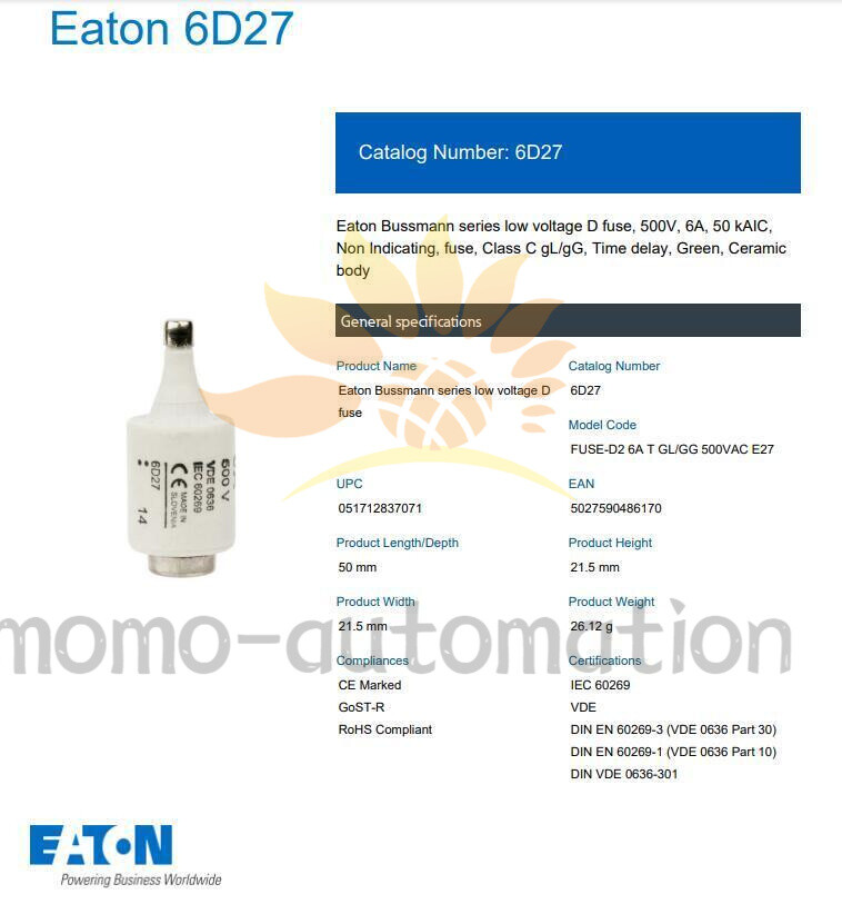 Bussmann 6D27 Low Voltage D Fuse 500V, 6A Class C gL/gG Time delay # | eBay