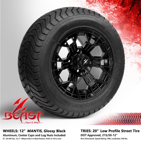 4x GOLF CART 12" BLACK 'MANTIS' WHEELS/RIMS and 215/50-12 COMFORT RIDE ...