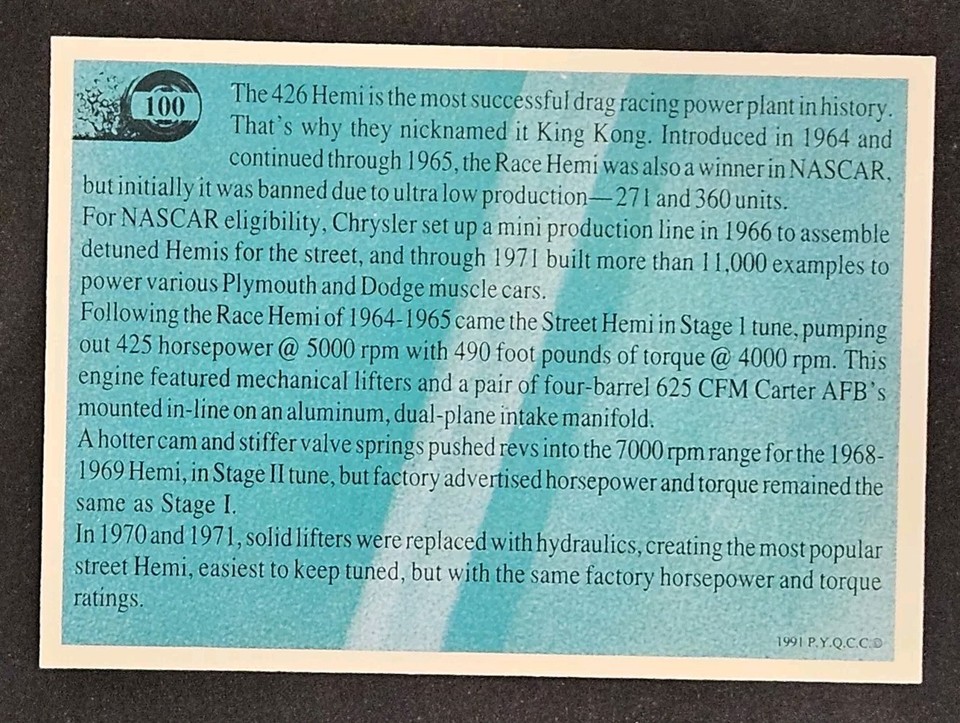 1992 COLLECT-A-CARD MUSCLE CARDS. CARD #100 - 1970 CHRYSLER 426 HEMI | eBay