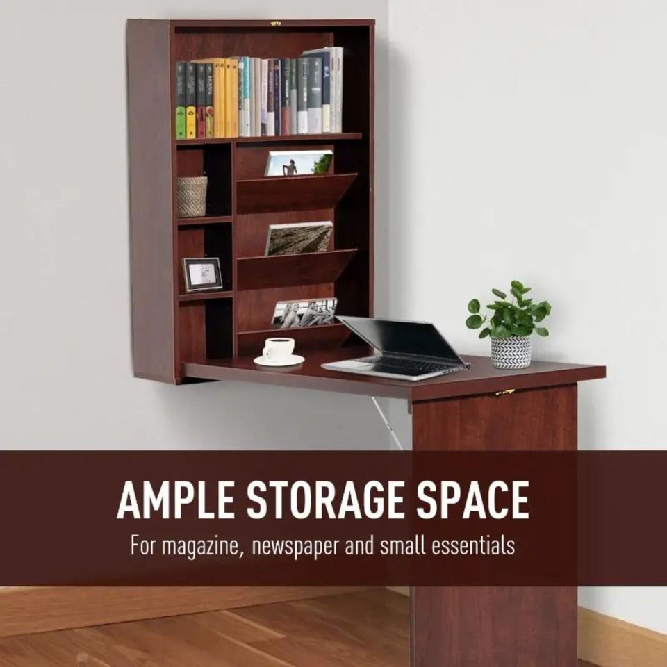 HOMCOM Wall Mounted Desk Convertible Fold Out Office Table W/Shelves ...