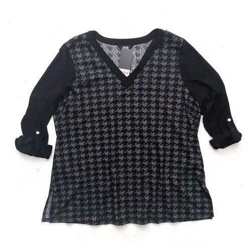 Slim Factor by Investments Top Black Houndstooth Roll Sleeve V Neck ...