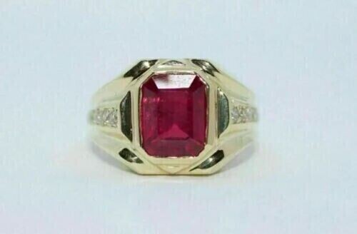 3Ct Emerald Cut Lab-Created Red Ruby Men's Ring 14K Yellow Gold Plated ...