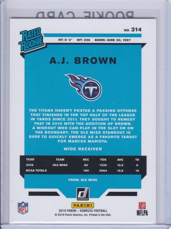 A.J. BROWN ROOKIE CARD 2019 Donruss RATED RC Tennessee Titans Football ...