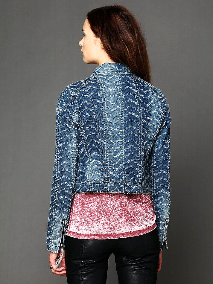 FREE PEOPLE Textured Chevron Blue Denim Moto Jacket Size 10. NWT | eBay