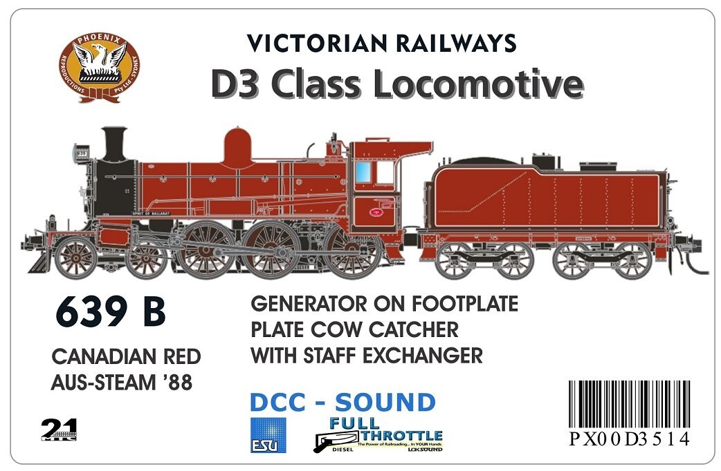 SDS Models VR D3 Class Steam Locomotive #639, "AUS-STEAM '88", DCC ...
