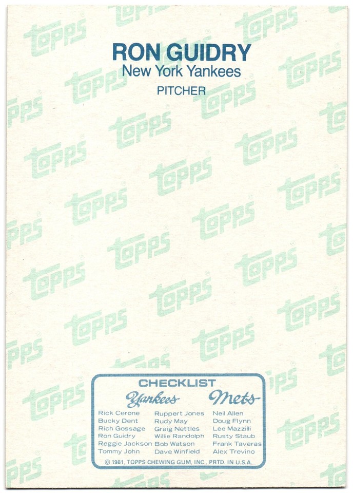 Ron Guidry 1981 Topps Large MLB Trading Card | eBay