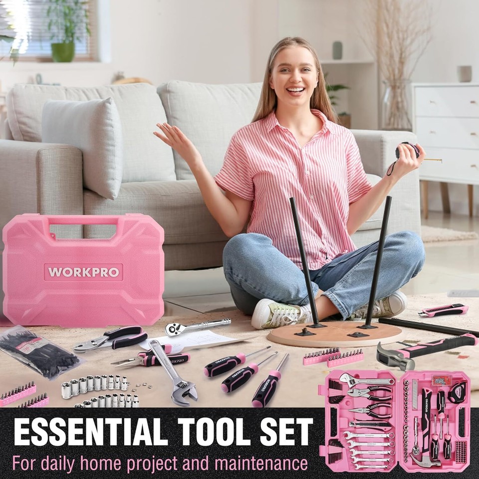 WORKPRO Pink Tool Set 84 PCS Tool Kit for Women Basic Household Pink ...