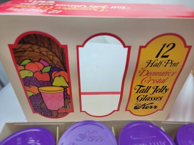 Vintage Kerr 12 Half-Pint Tall Jelly Glasses Purple Metal Lids With Box ...