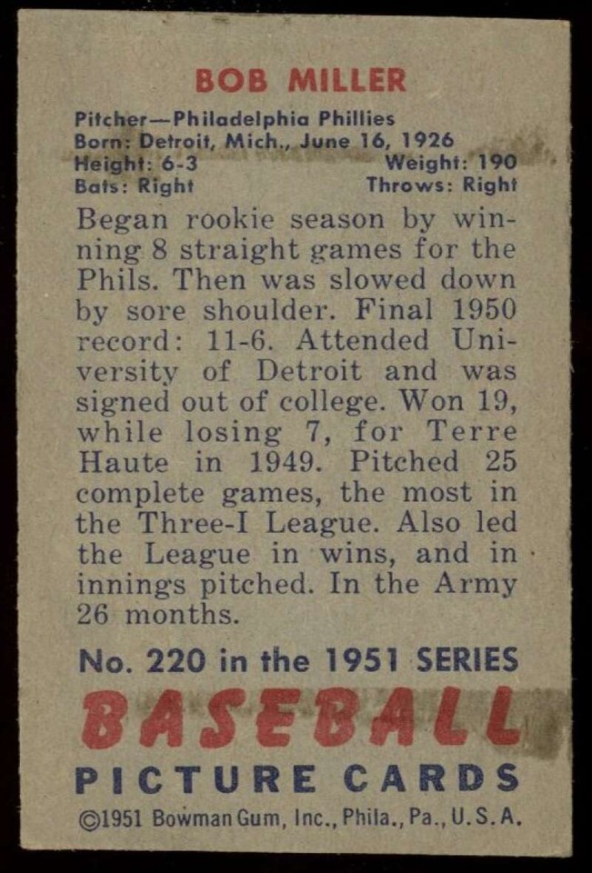 1951 Bowman #220 Bob Miller EX-MT Phillies 72843 | eBay
